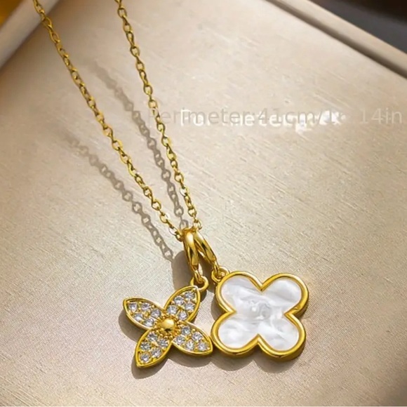 Jewelry | Double Clover Pendant Necklace Rhinestone Inlaid Stainless ...